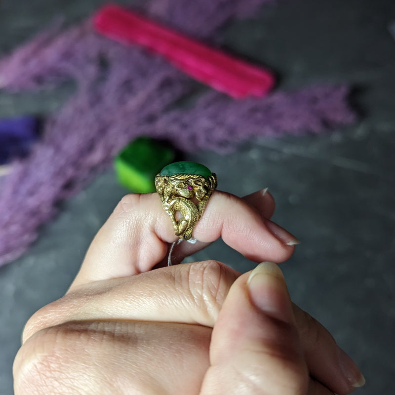Art Nouveau Jadeite Jade Ruby 18 Karat Yellow Gold Dragon Antique Ring ...