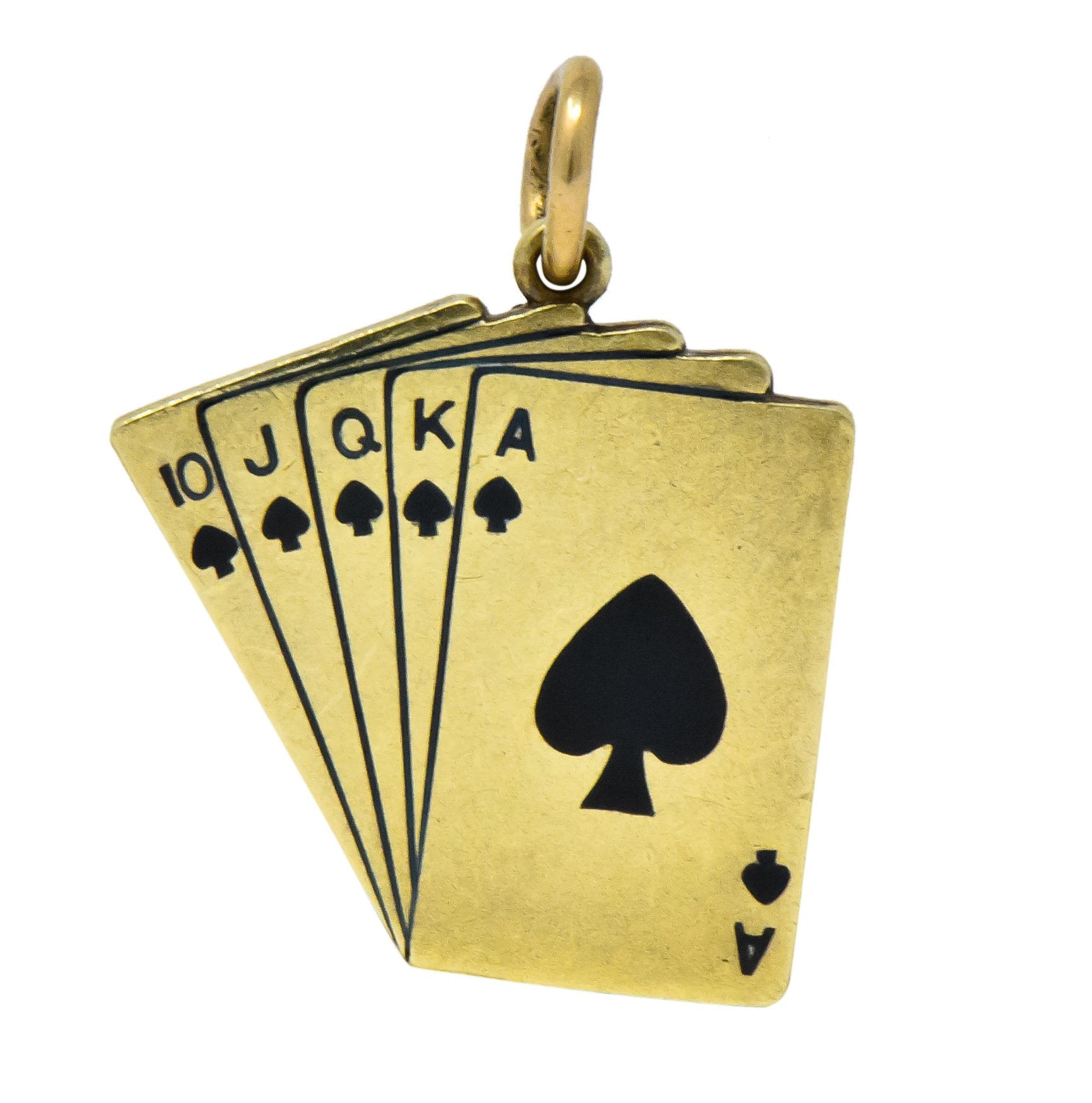 Art Deco Enamel 14 Karat Gold Playing Cards Charm in Spades