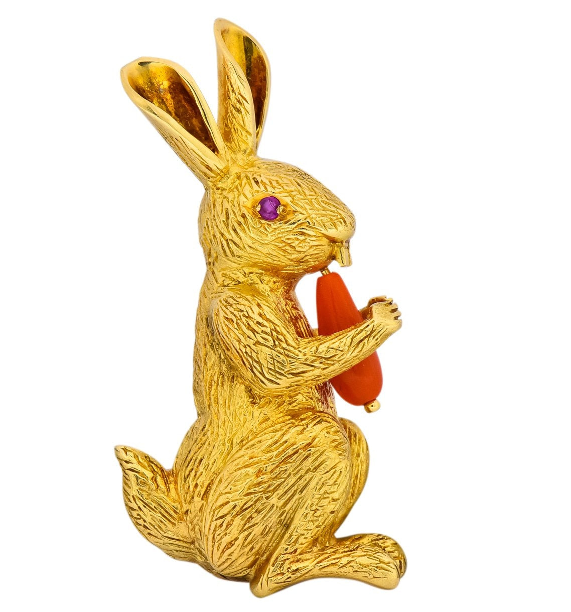 Tiffany & Co. 1970’s Vintage Coral Ruby 18 Karat Gold Rabbit Brooch